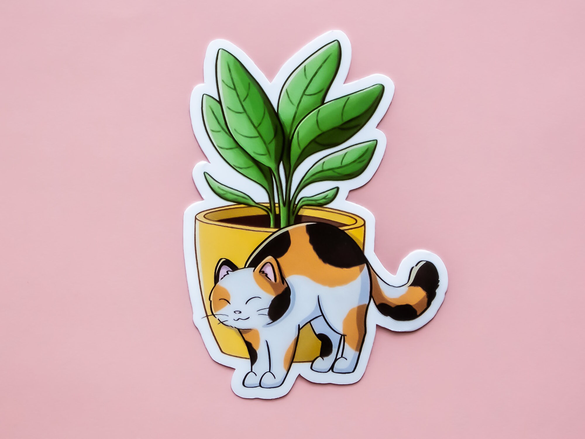 Cute Cat Sticker - Calico Cat and Plant Sticker - Laptop Stickers ...