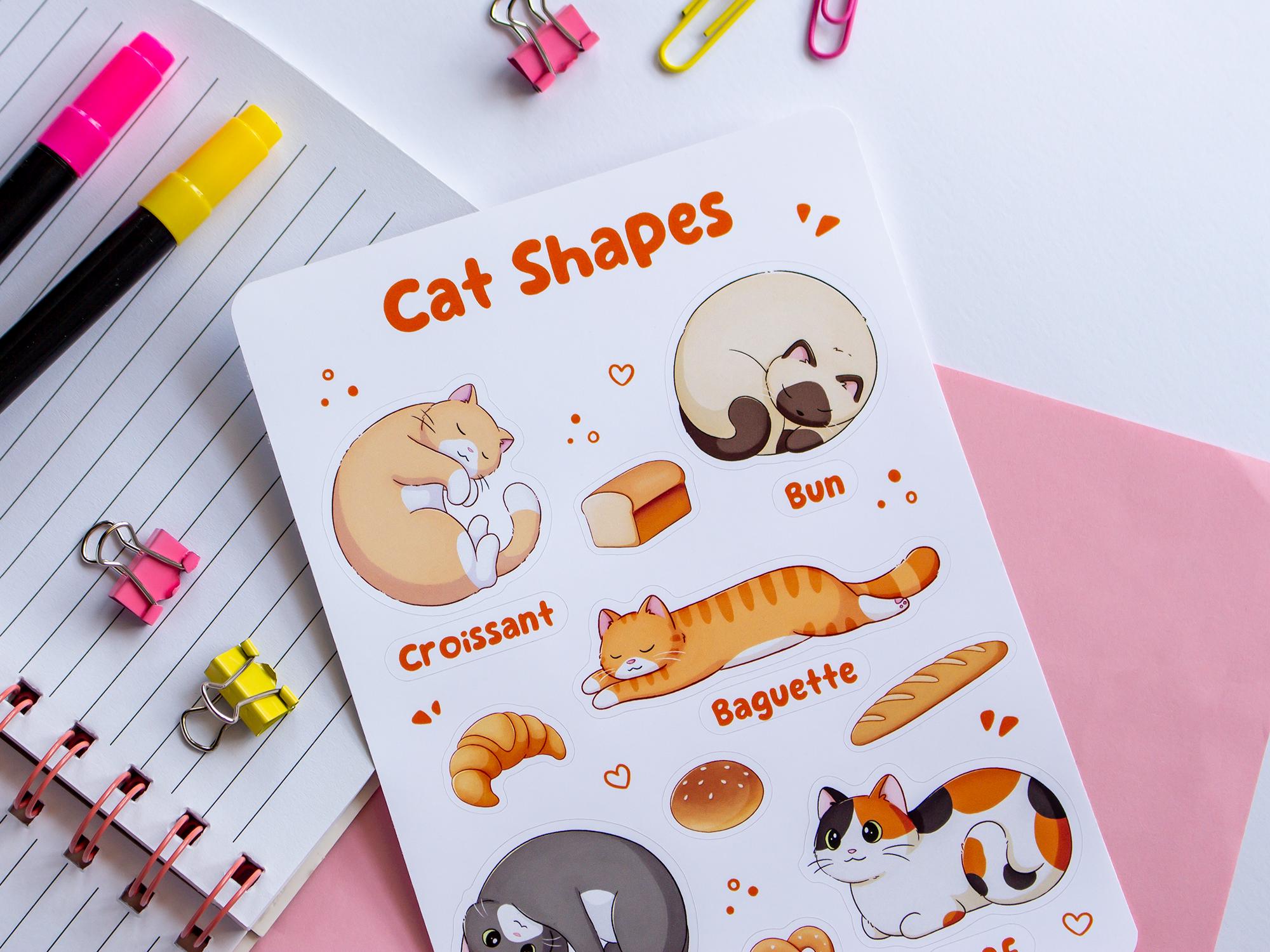 Cat Shapes Sticker Sheet - Cute Cat Sticker - Bread Cat Sticker ...