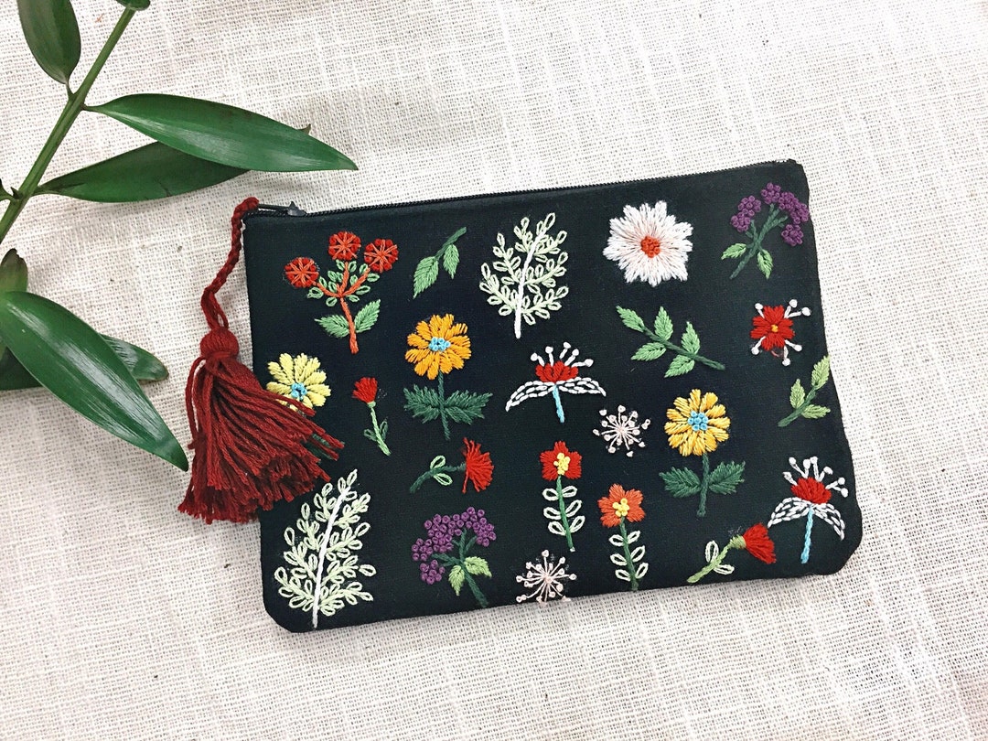 Embroidered Coin Pouch With Zipper, Embroidered Purse, Floral ...