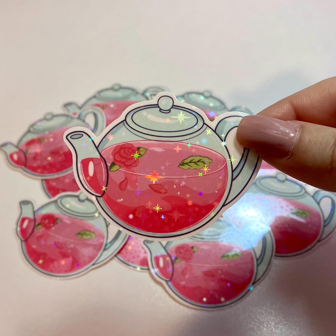 Rose Teapot Vinyl Sticker | Waterproof Holographic Finish Sticker ...