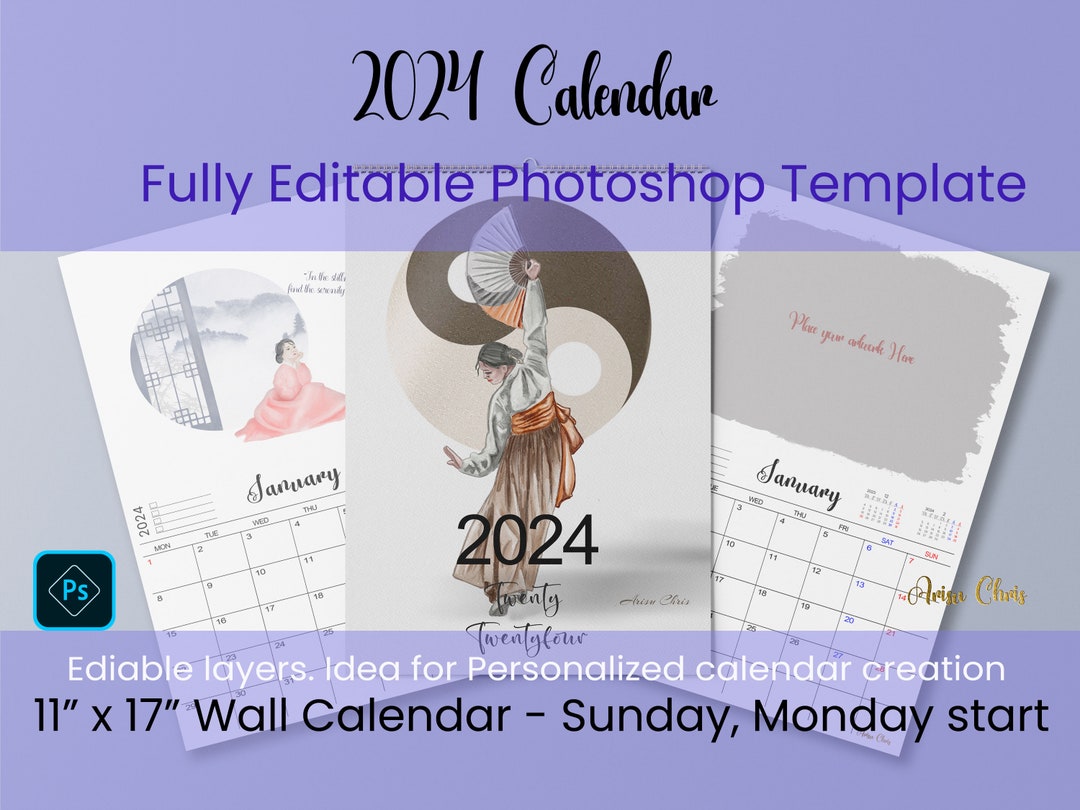 Tabloid 11x17" 2024 CALENDAR PSD Template | Sunday & Monday Start ...