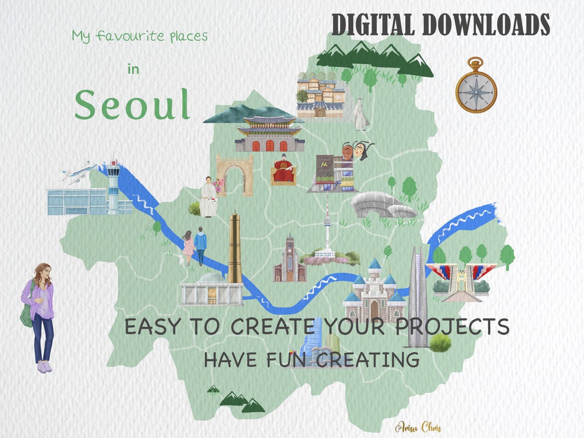 Travel to Seoul, South Korea Clipart and Map Creation Kit, PNG, SVG ...