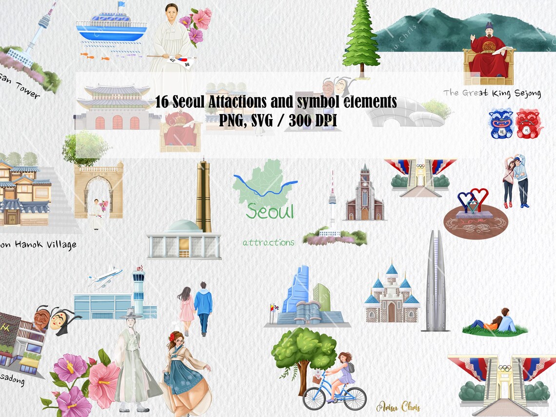 Travel to Seoul, South Korea Clipart and Map Creation Kit, PNG, SVG ...