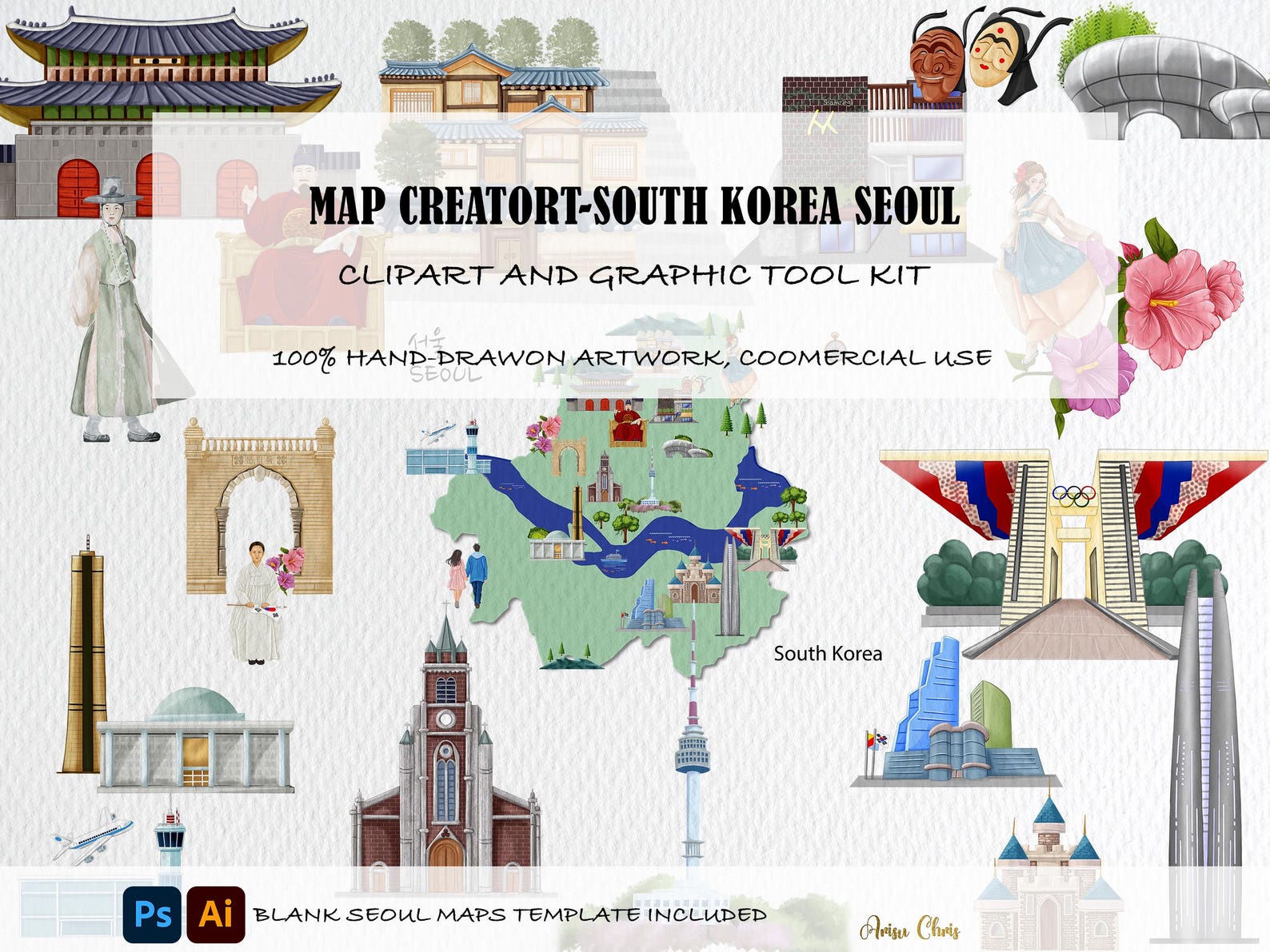 Travel to Seoul, South Korea Clipart and Map Creation Kit, PNG, SVG ...