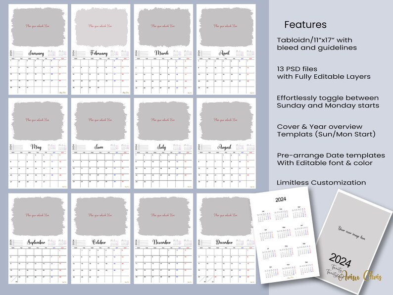 Tabloid 11x17" 2024 CALENDAR PSD Template | Sunday & Monday Start ...