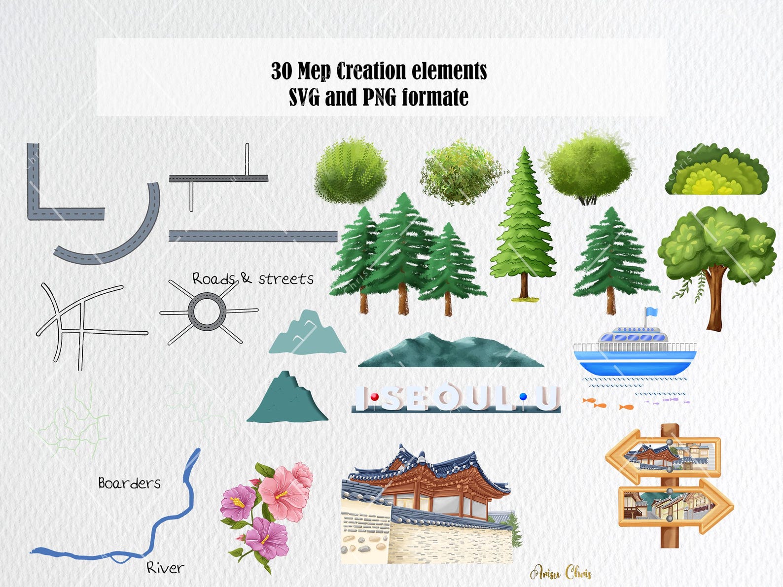 Travel to Seoul, South Korea Clipart and Map Creation Kit, PNG, SVG ...