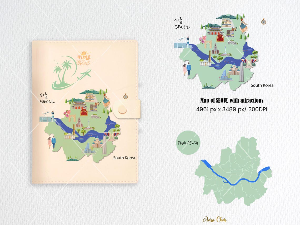 Travel to Seoul, South Korea Clipart and Map Creation Kit, PNG, SVG ...