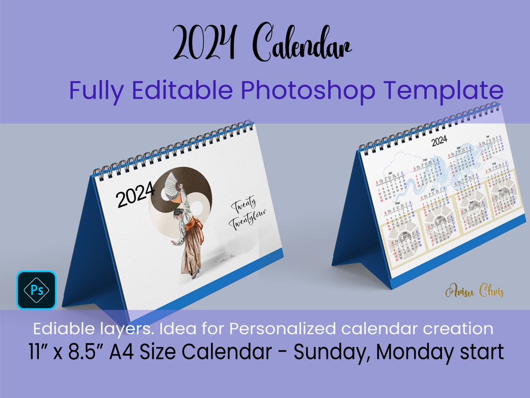 A4 11x8.5 Desk CALENDAR PSD Template Sunday & Monday Start Editable ...