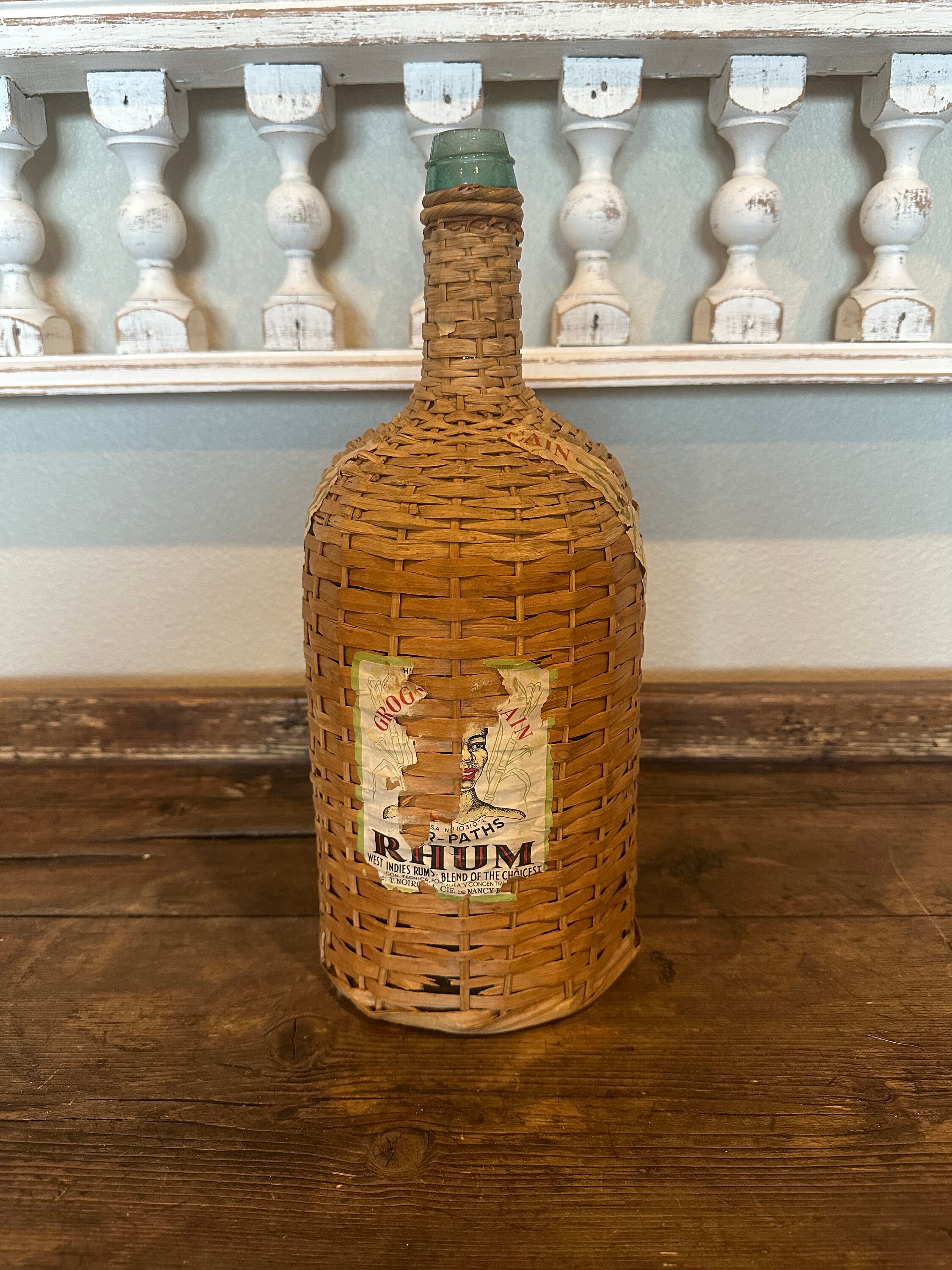 Vintage Wicker Wrapped Rum Demijohn Bottle, Aqua Blue/green Glass - Etsy