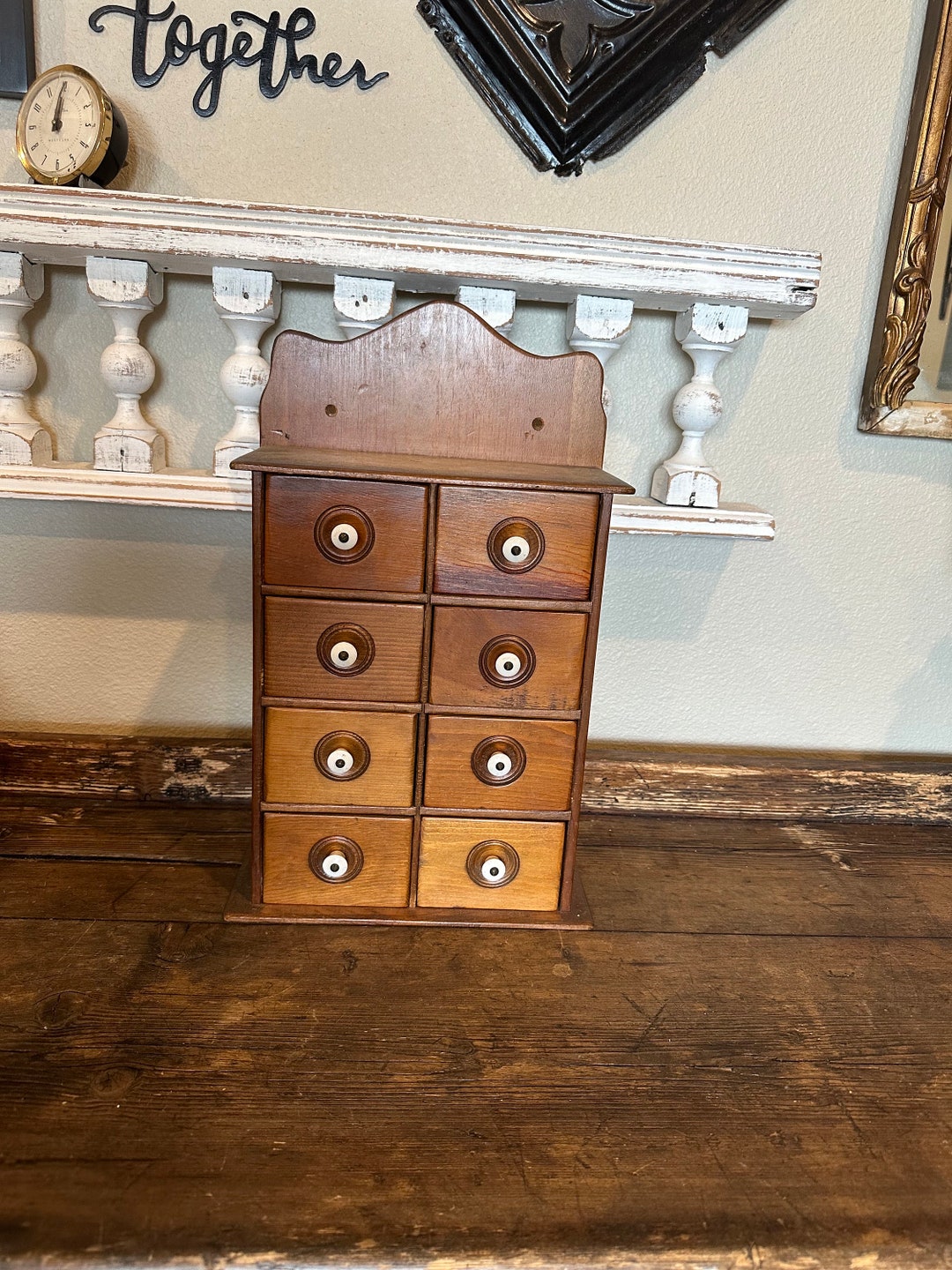 Vintage 8 Drawer Wall Mount Spice Rack / Wood Cubby Kitchen Storage ...