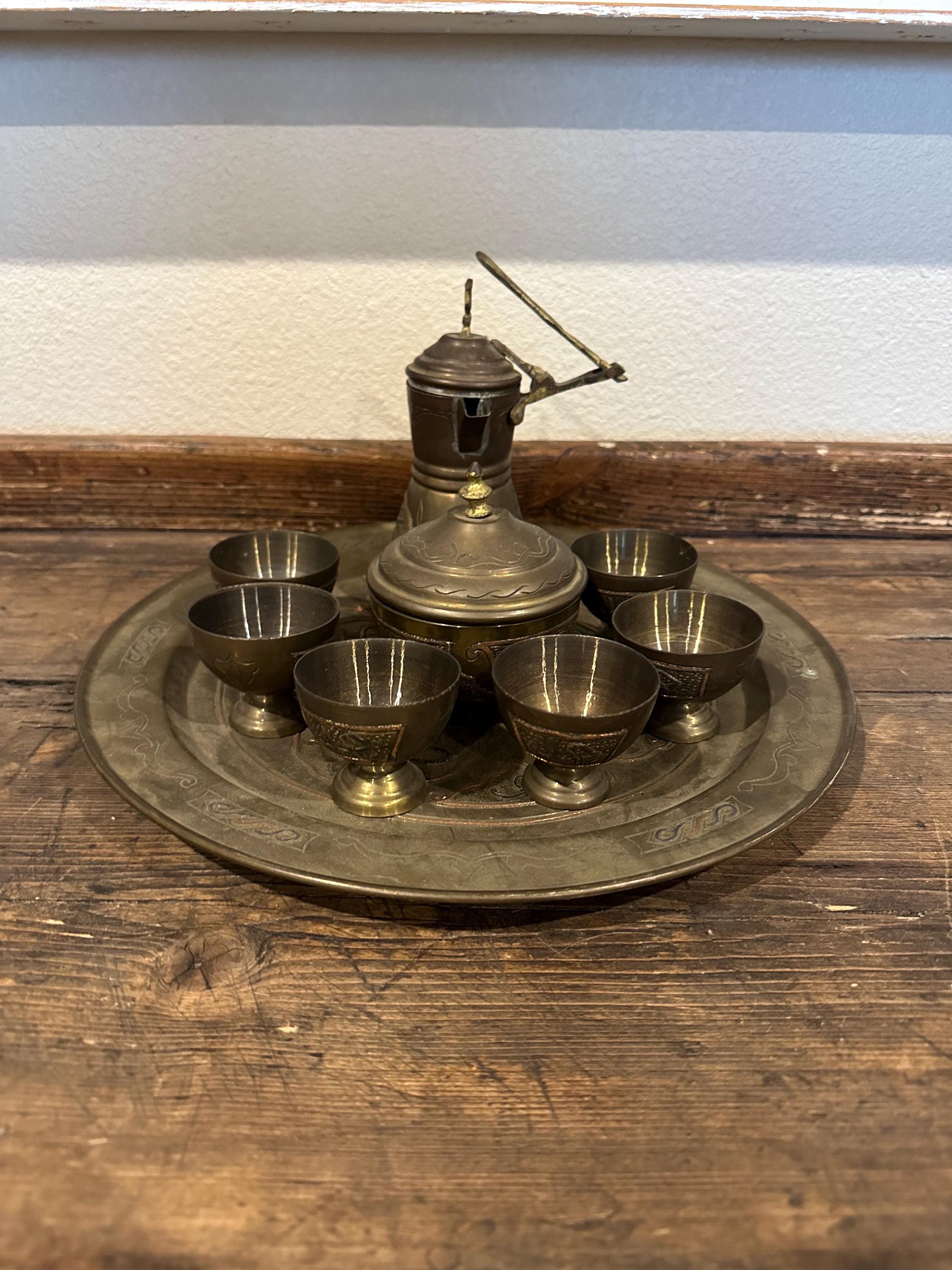 Vintage Cairo Ware Brass With Inlaid Silver Design Coffee Set - Egypt ...