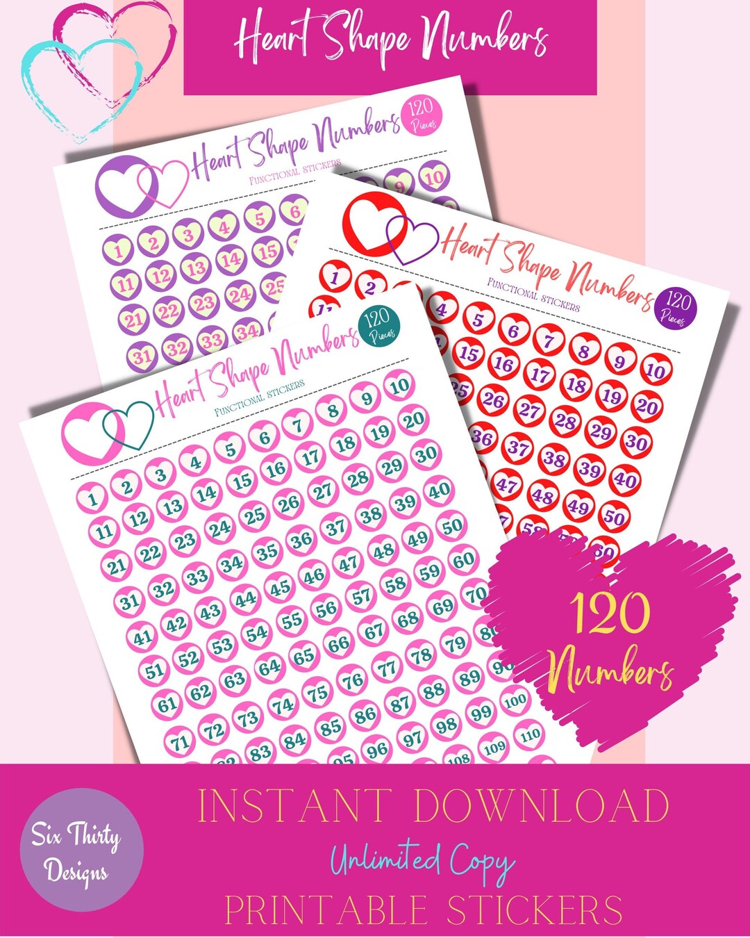 Functional Number Stickers, Heart Shape Design, Printable Number ...