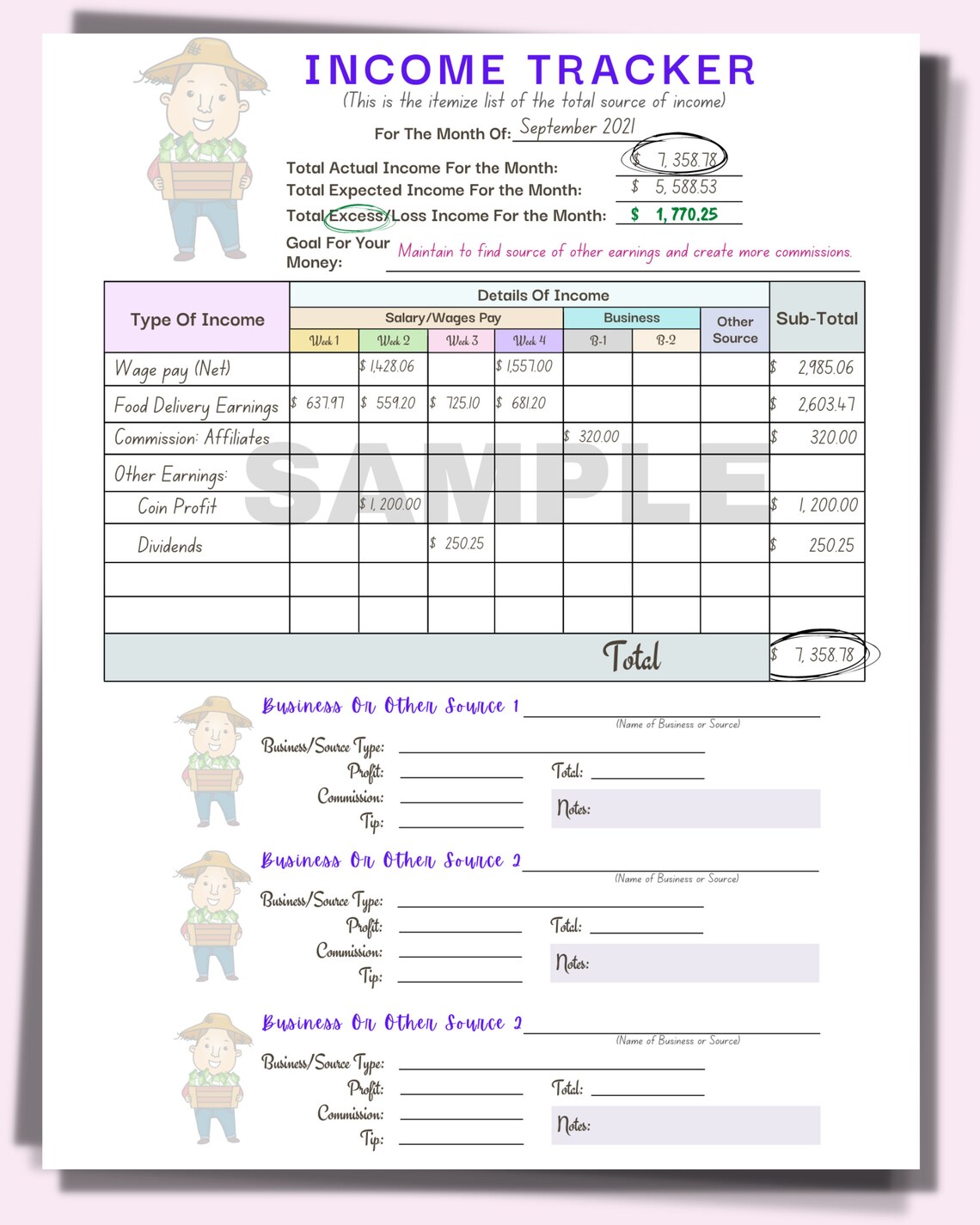 Income Planner Printable, Finance Income Planner, Printable Finance ...
