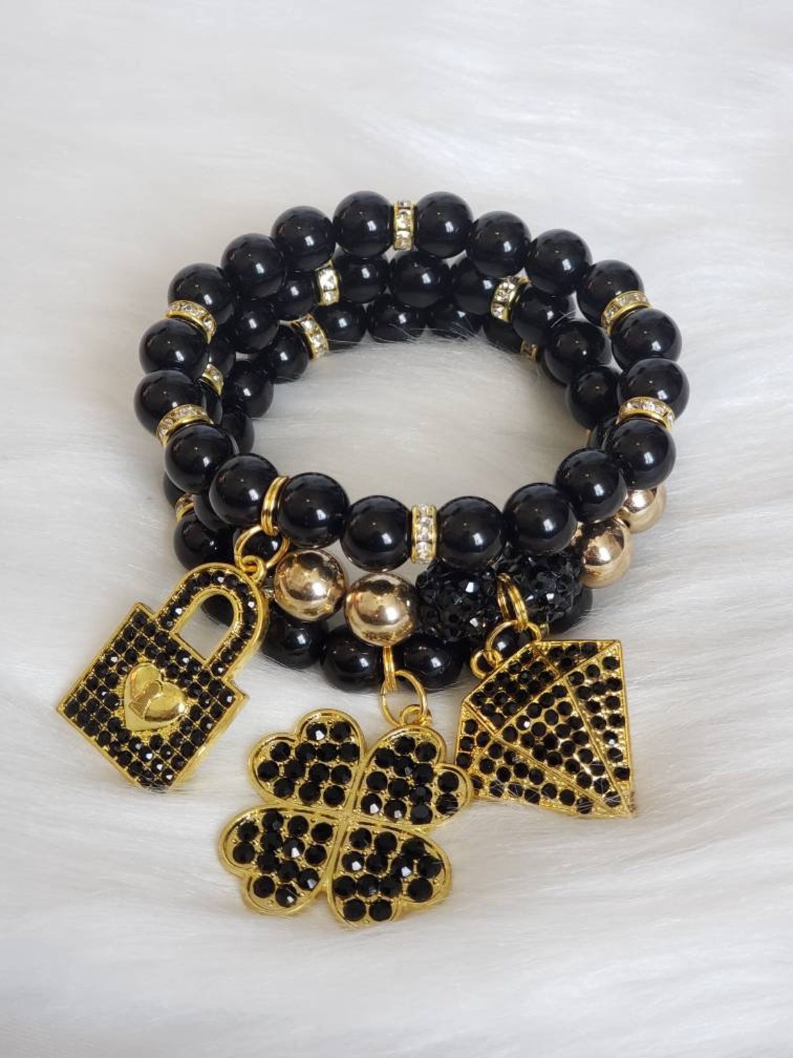 Black & Gold Stack Bracelets With Charms/ Stretch Bracelets for Women ...
