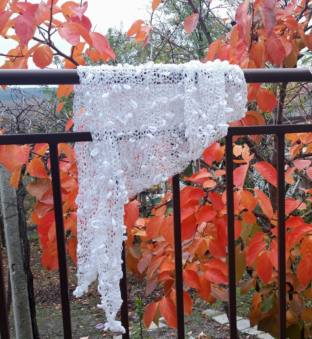 Handmade Crocheted Silk Blend Scarf: White Glitter Yarn, Triangular ...