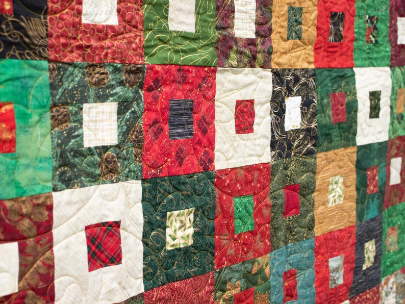 Christmas Squares Quilt, Modern Christmas Patchwork Quilt, Handmade ...