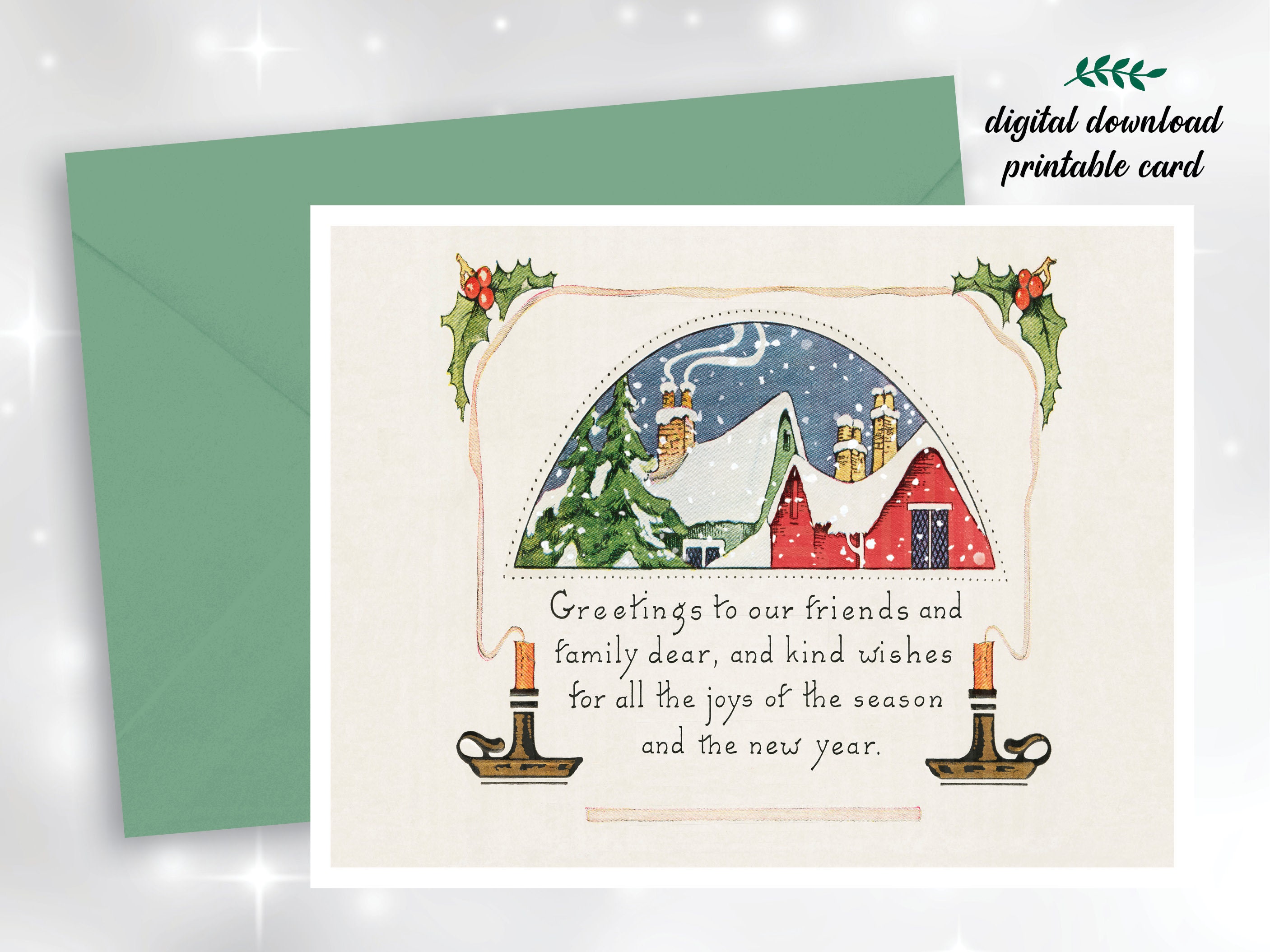 Printable Christmas, Hanukkah, Kwanzaa, New Year's Note Card, Vintage ...
