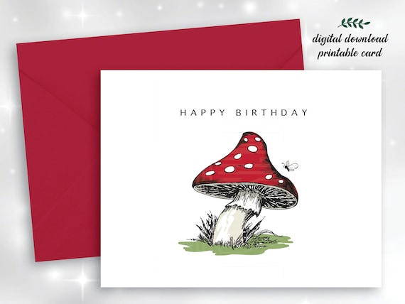 Printable Mushroom Happy Birthday Card Adorable Red and White | Etsy