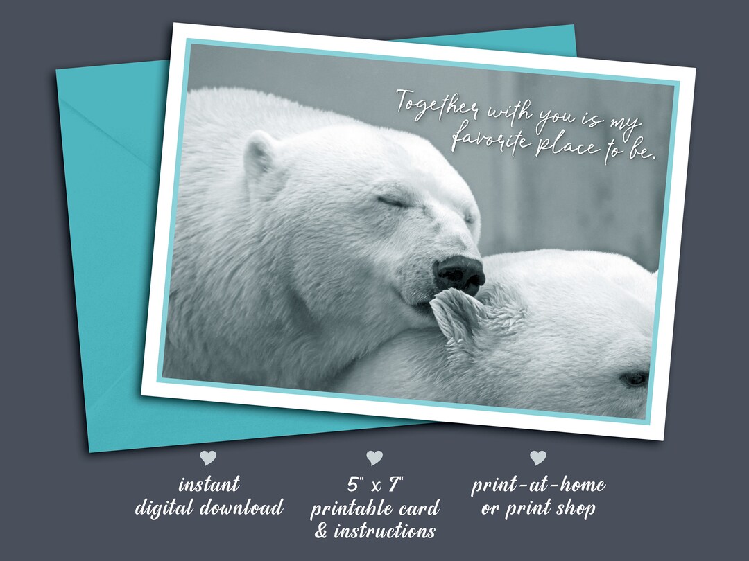 Printable Polar Bear Valentine Card, Lovable Polar Bears, Sweet Kiss ...