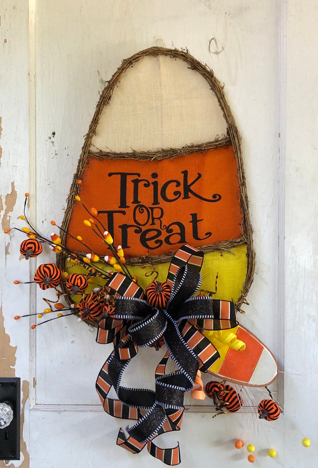 Candy Corn Trick or Treat Door Hanger Wreath, Fun Halloween Decor - Etsy