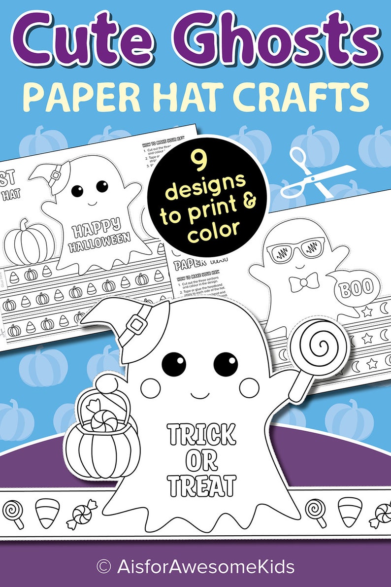 Halloween Paper Hat Crafts, Cute Ghost Trick or Treat Dress-up Crown ...