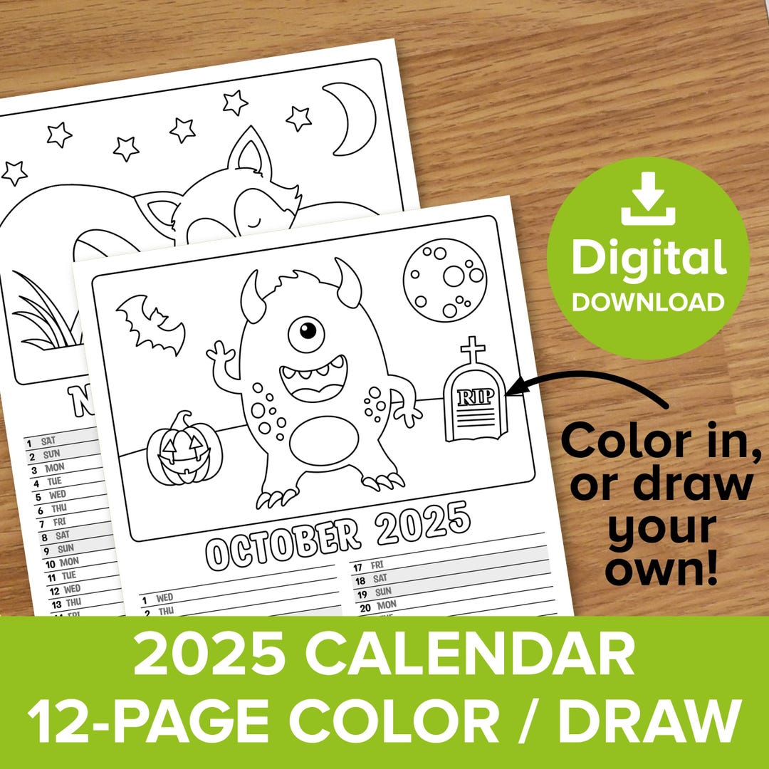2025 Coloring Calendar Printable, October Month to View 12 Page Lined ...