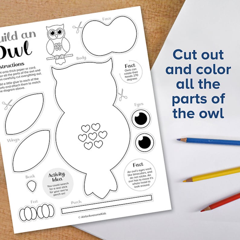 Build an Owl Cut & Paste Craft, Autumn Bird Coloring Printable Kit ...
