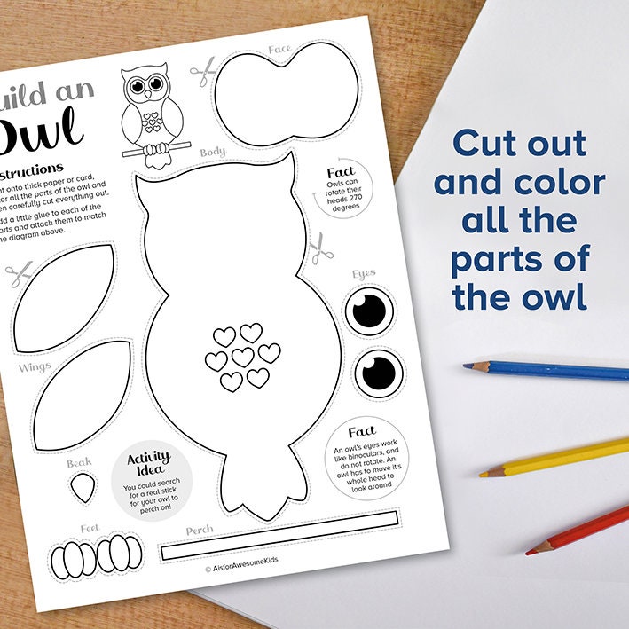 Build an Owl Cut & Paste Craft, Autumn Bird Coloring Printable Kit ...