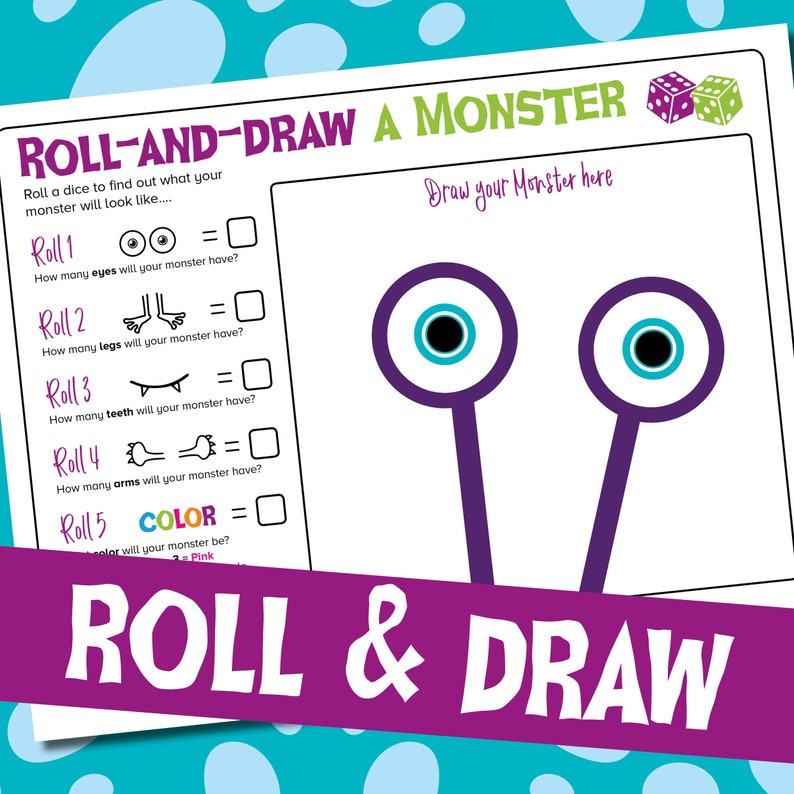 Roll & Draw a Monster Drawing Prompt Activity, Kids Halloween Dice Game ...