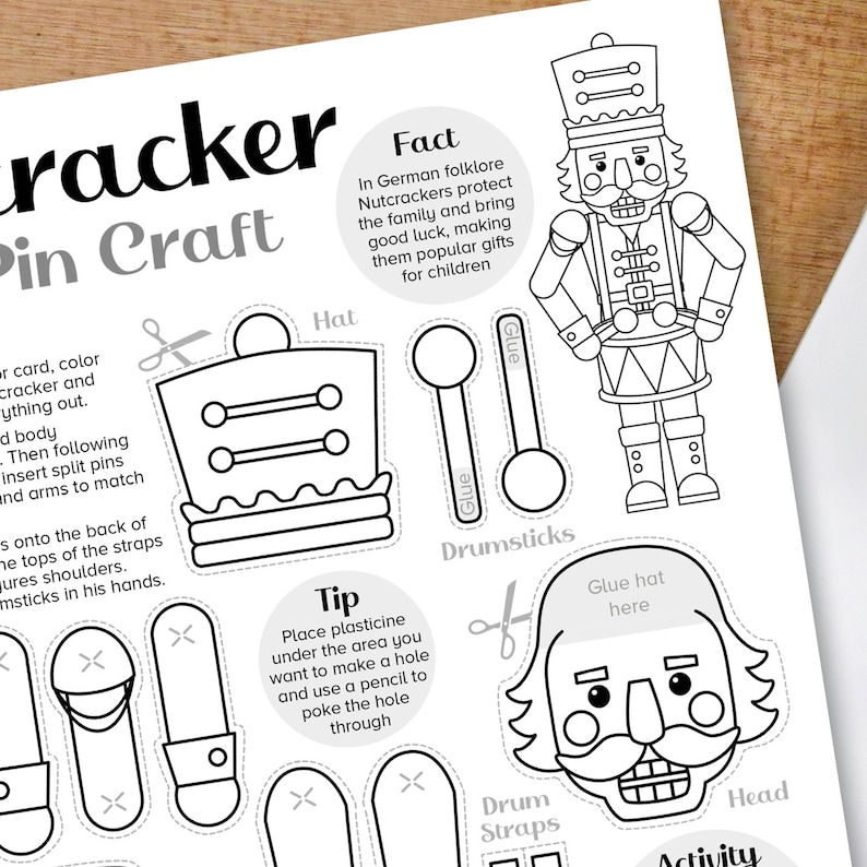Nutcracker Split Pin Craft, Christmas Cut & Paste Color and Build Kit ...