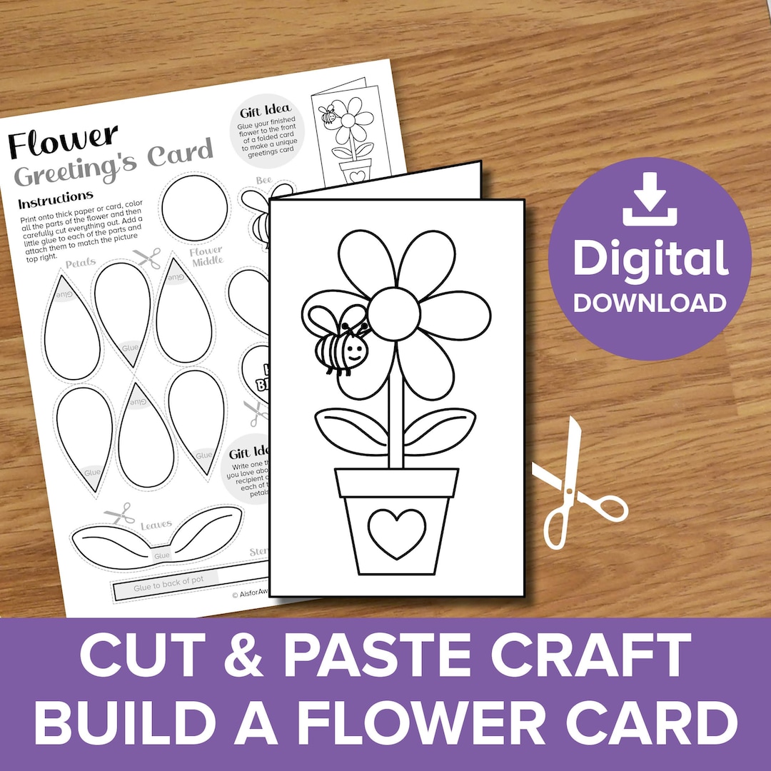 Flower Cut & Paste Craft Printable, Birthday Coloring Art Activity ...