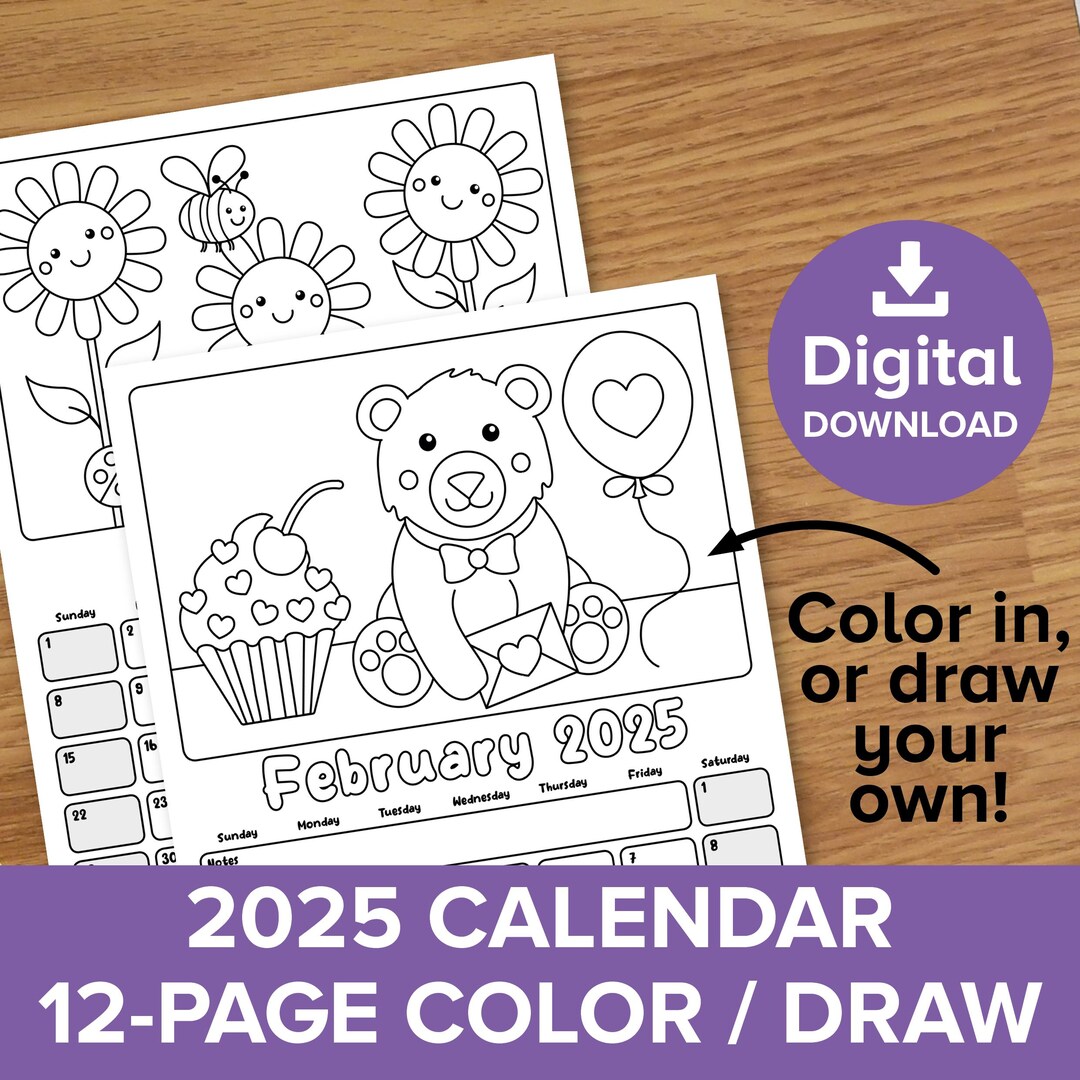 2025 Coloring Calendar Printable, February Month to View 12 Page ...