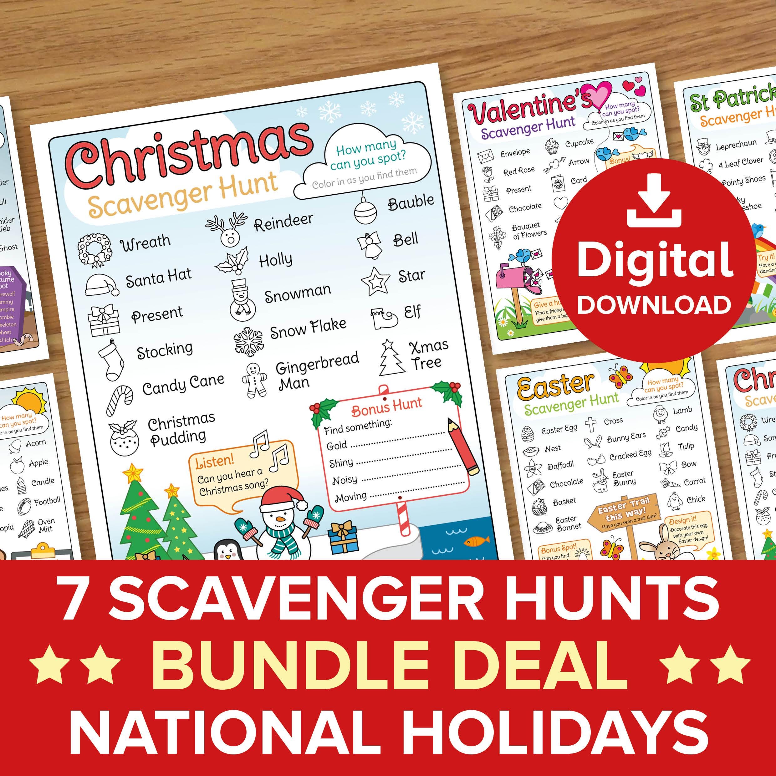 National Holidays Scavenger Hunt Bundle, 7 Celebration Find Color ...