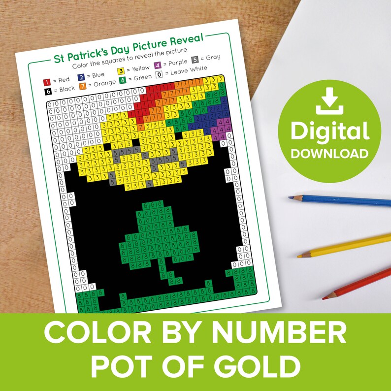 St Patrick's Day Color by Number Coding Worksheets, Pot of Gold Ireland ...
