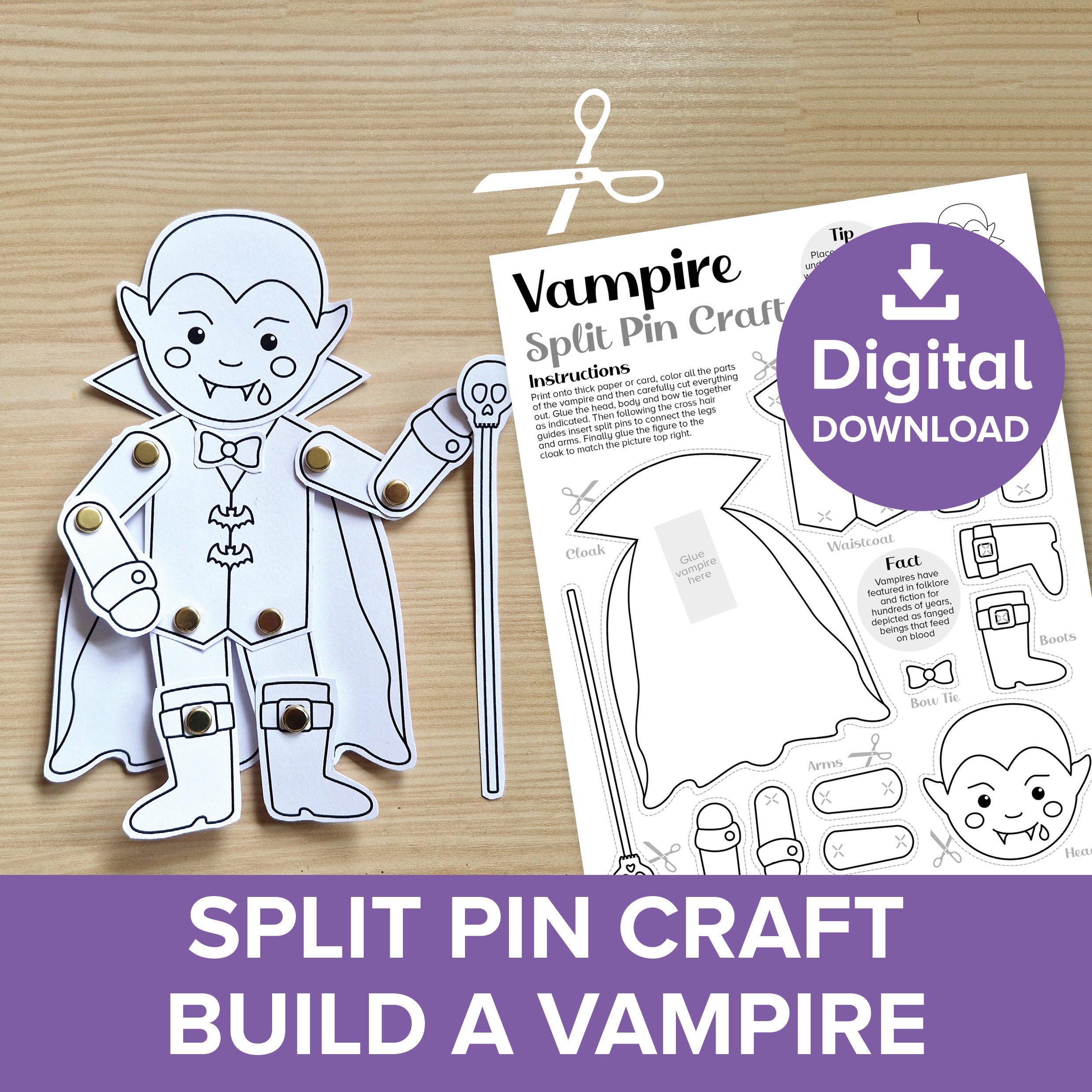 Vampire Split Pin Craft Printable, Halloween Puppet Show Paper Doll ...