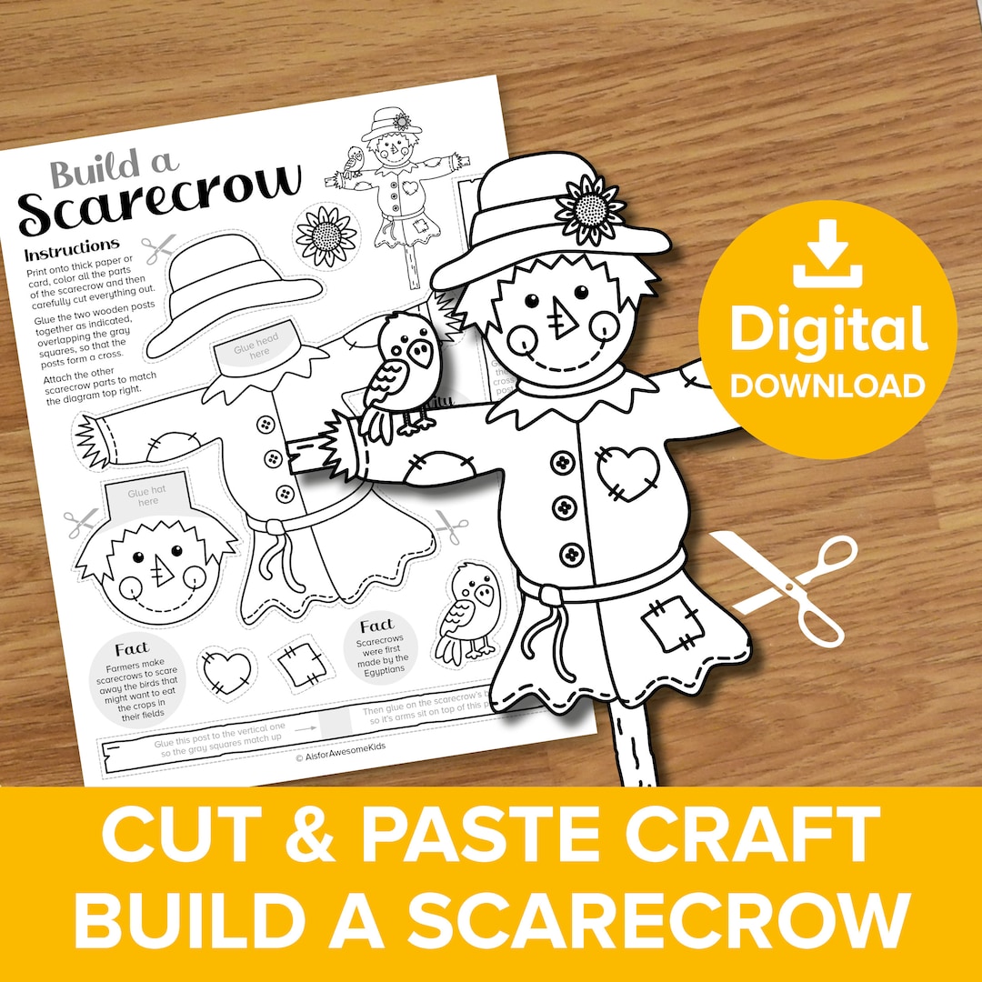 Scarecrow Cut & Paste Craft, Color and Build Autumn Straw Man, Kids ...