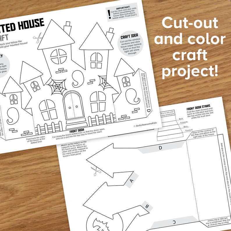 Haunted House 3D Coloring Craft, Halloween Paper Dolls House Tealight ...