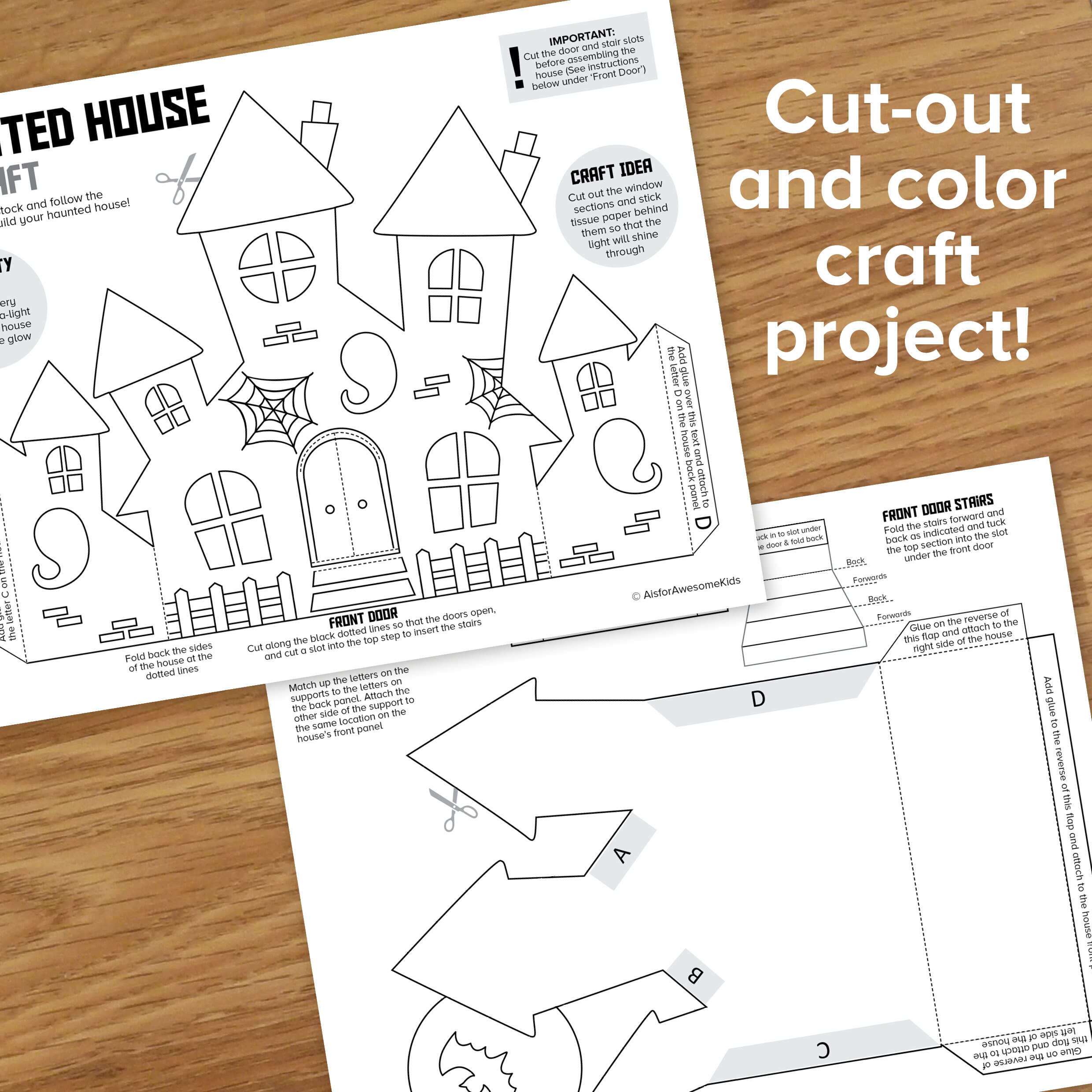 Haunted House 3D Coloring Craft, Halloween Paper Dolls House Tealight ...