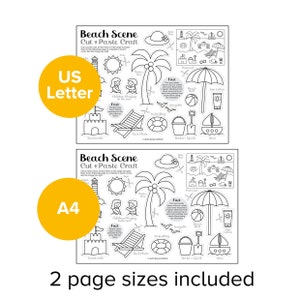 Beach Scene Cut & Paste Craft, Seaside Coloring Page Activity, Summer ...