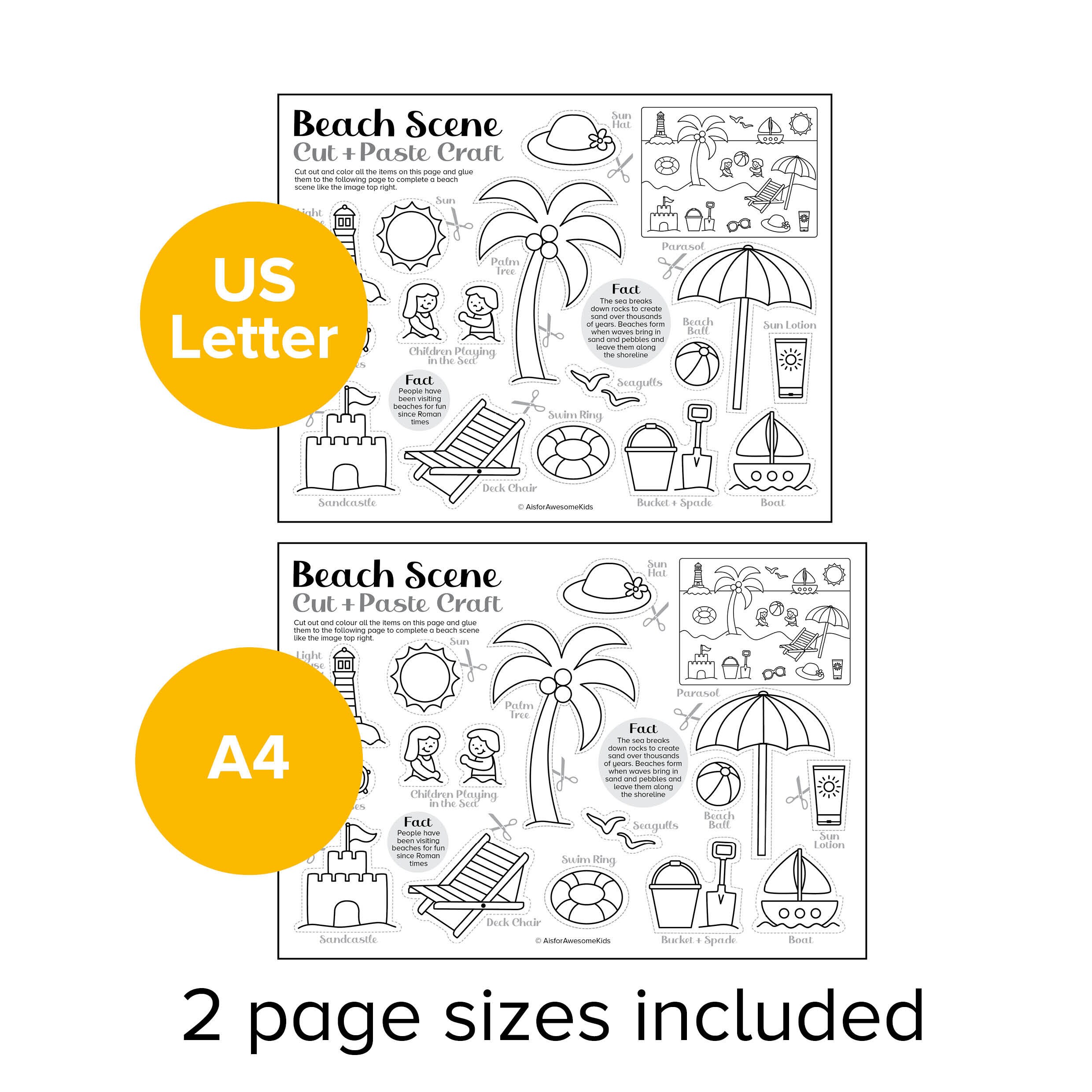 Beach Scene Cut & Paste Craft, Seaside Coloring Page Activity, Summer ...
