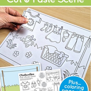 Clothesline Cut & Paste Craft, Washing Line Coloring Page Printable ...