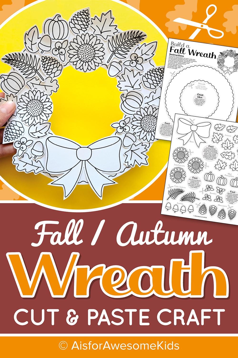 Fall Wreath Cut & Paste Craft, Autumn Harvest Festival Paper Door ...