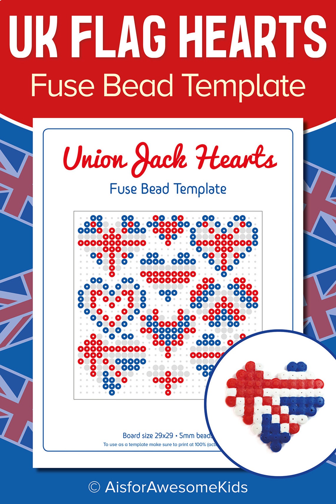 Union Jack Hearts Fuse Bead Template, Love England UK Flag Craft, Hama ...