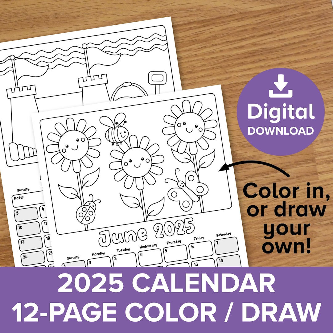 2025 Coloring Calendar Printable, June Month to View 12 Page Drawing ...