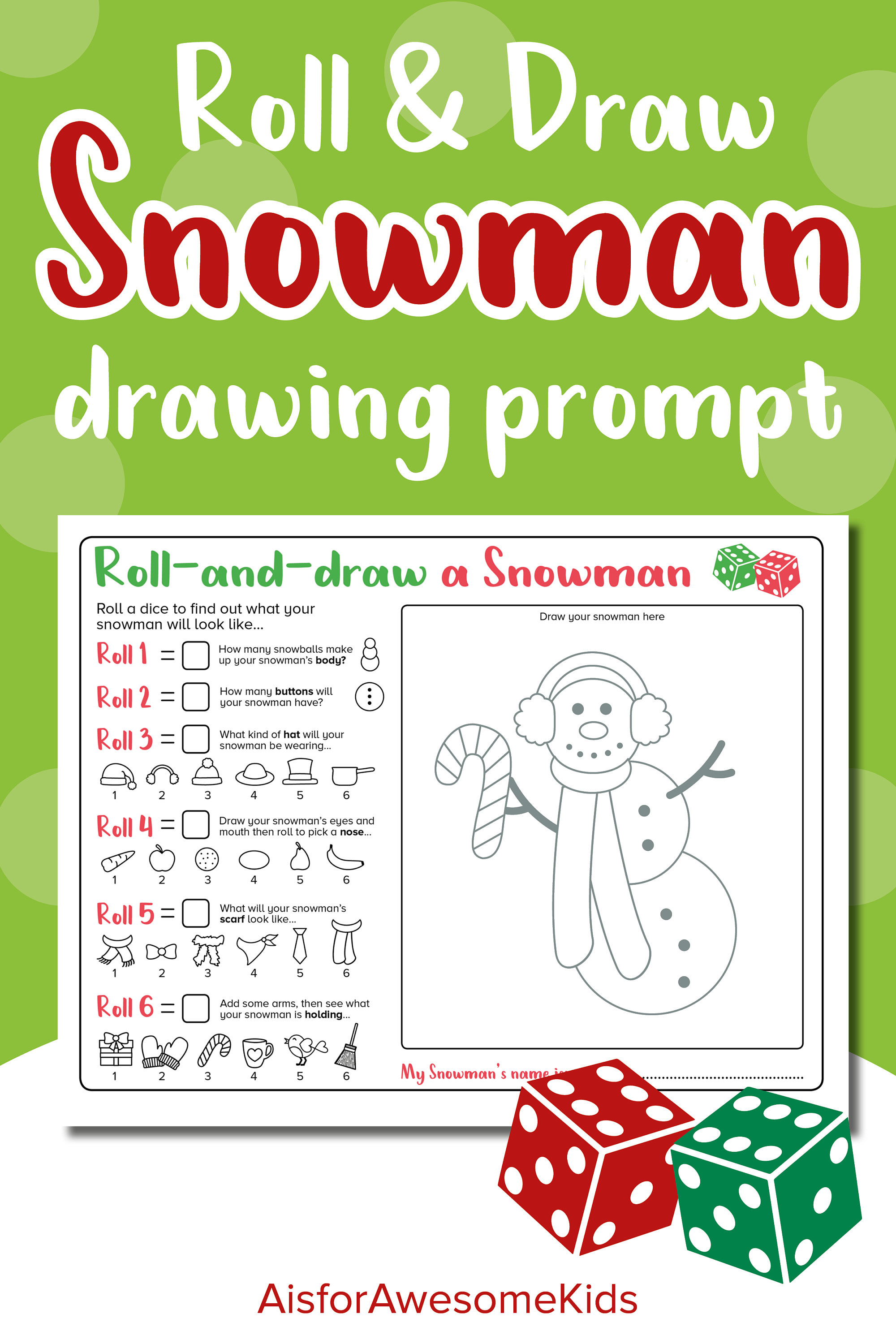 Roll & Draw a Snowman Drawing Prompt Activity, Kids Christmas Dice Game ...