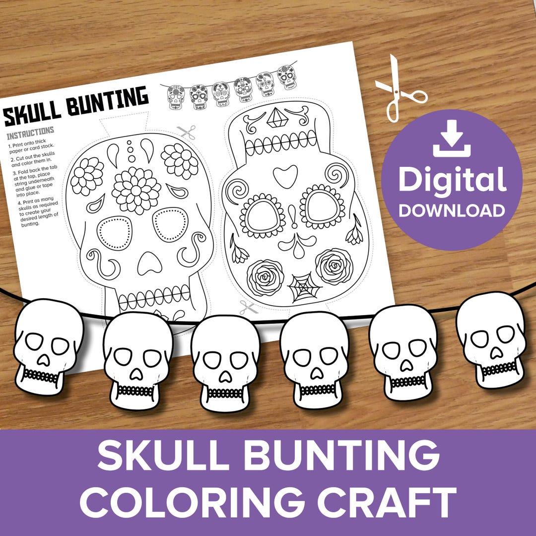 Sugar Skull Bunting Coloring Craft, Halloween Party Decoration, Day of ...