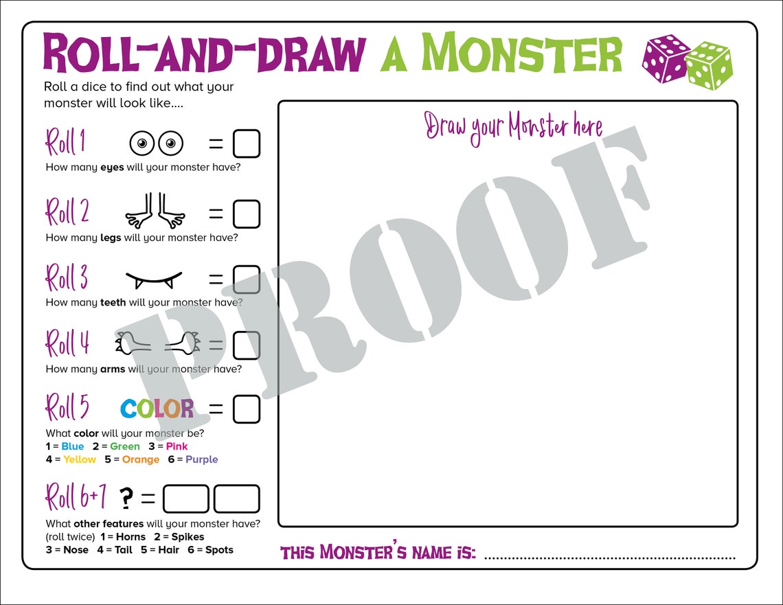 Roll & Draw a Monster Drawing Prompt Activity Kids Halloween | Etsy