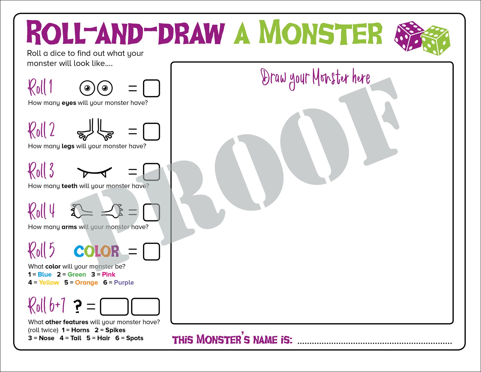 Roll & Draw a Monster Drawing Prompt Activity Kids Halloween | Etsy