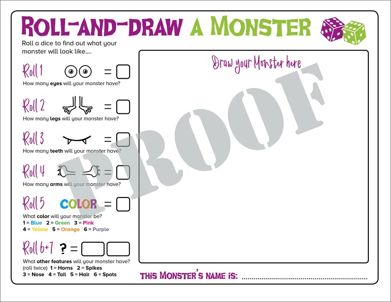 Roll & Draw a Monster Drawing Prompt Activity Kids Halloween | Etsy