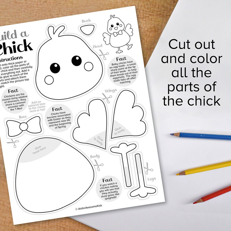 Manualidad de pollito de Pascua para recortar y pegar, para colorear ...
